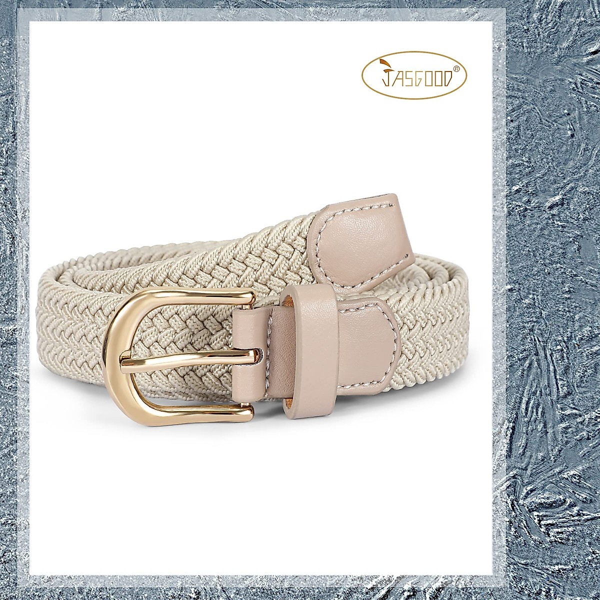 JASGOOD Women Braided Elastic Belt, 1'' Narrow Width Woven Fabric Belt for Jeans Men Golf Belt with Gold Buckle, B-Black+Khaki