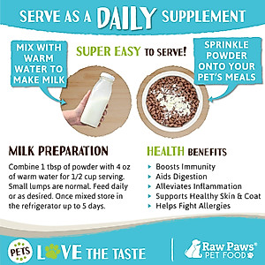 Raw Paws Whole Powdered Goat Milk for Dogs and Cats, 7-oz - Goats Milk for Dogs Made in USA - Natural Kitten & Puppy Milk Replacement Formula, Dry Pet Goat Milk Food Topper, Pet Nutritional Supplement