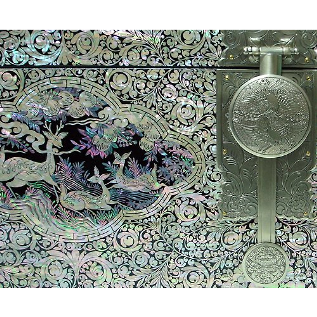 Mother of Pearl Inlay Decorative Long Life Symbols Design Lacquer Wooden Handcrafted Art Jewelry Wedding Trinket Keepsake Treasure Box Ring Case Chest Organizer