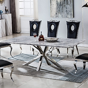 Pvillez Grey Marble Dining Table for 8-10 Person, 78" Rectangle Marble Top Dining Table with Gloss Silver Stainless Steel Pedestal Base, Mid Century Modern Dining Table for Kitchen Dining Room Dinner