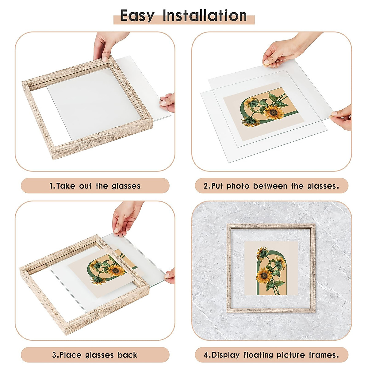 MUYE 5x7 Floating Frames Distressed Beige White Wood Pattern,Double Glass Picture Frame Display Any Size Photo up to 5x7,Wall Mount or Tabletop,2 Pack