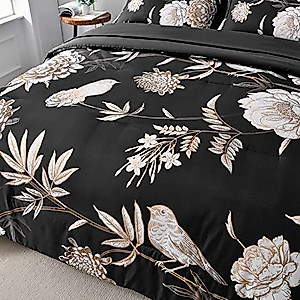Black Floral Comforter Set Queen Size 7 Pieces Bed in a Bag, Flower and Birds Printed on Black Bedding Set Botanical Pattern Comforter and Sheet Set,Soft Microfiber Complete Bedding for All Season