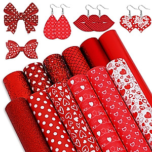 Whaline 12Pcs Valentines Faux Leather Sheet 12 x 8 Inch Red Heart Glitter Synthetic Leather Fabric Assorted Patern Classic Red Leather Fabric for Wedding Anniversary DIY Crafts Earring Hair Bow