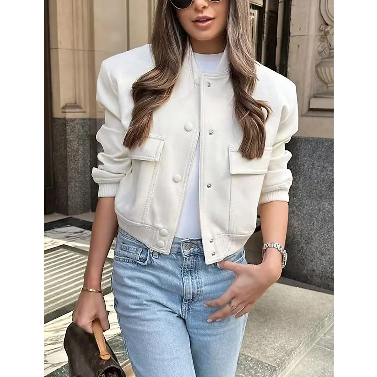 Lumister Women's Fashion Cropped Button Down Lightweight Cropped Bomber Jacket Varsity Shacket with Side Pockets(0605-Beige-M)