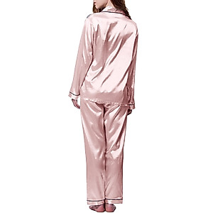 Aniywn Silk Satin Pajama Set For Women Soft Lounge Set Women's Silk Sleepwear Satin Long Sleeve Two Piece Pajama Pj Set B-pink