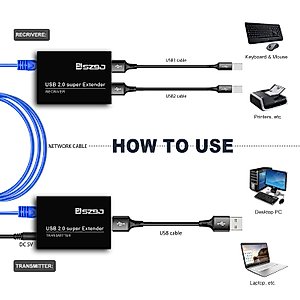 SZBJ USB Extender Over RJ45 Cat5E/6 up to 230ft Ethernet Cable Extender with Power Adapter with 2 USB2.0 Output - Full USB 2.0 Support for Keyboard, Dongle，Mouse, Webcam, and All Operating System 102
