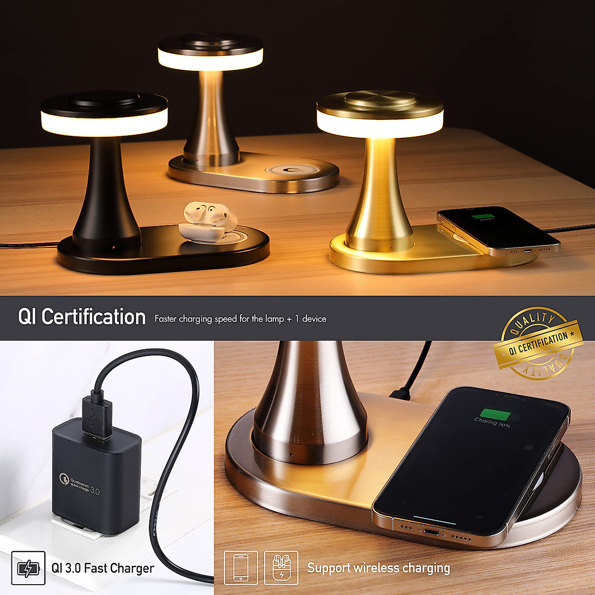 O’Bright - Portable LED Table Lamp with Wireless Charging Pad, Dimmable and Rechargeable Night Lamp, Ambient Light for Patio/Restaurant/Nursery, Bedside Nightstand Lamp, Brushed Nickel