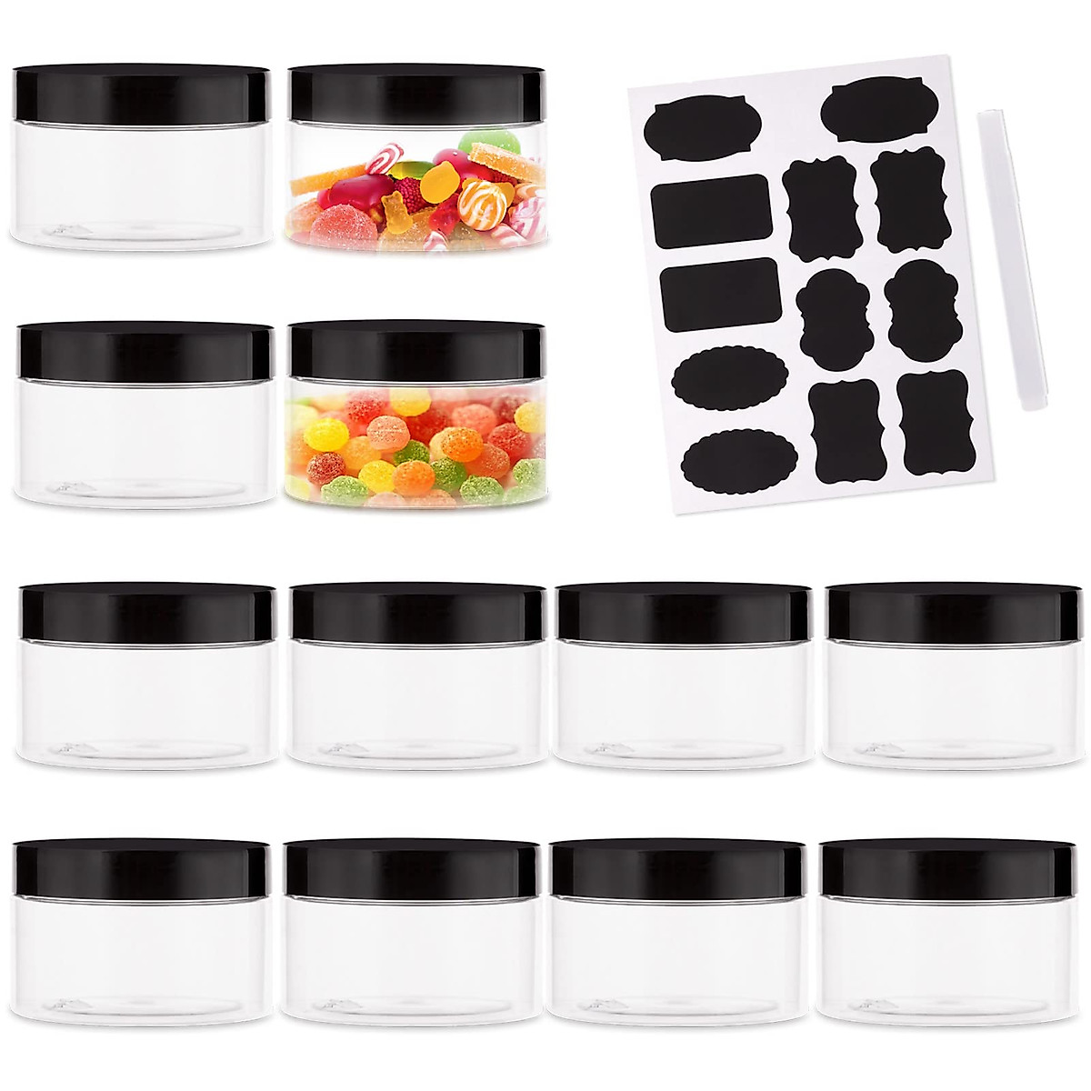 4 oz Plastic Jars with Lids, Round Clear Cosmetic Jars, Wide-mouth Plastic Containers with Inner Liners and Labels for Beauty Products, Makeup, Lotions, Body Scrub, Creams (Black Lid, 6 Pieces)