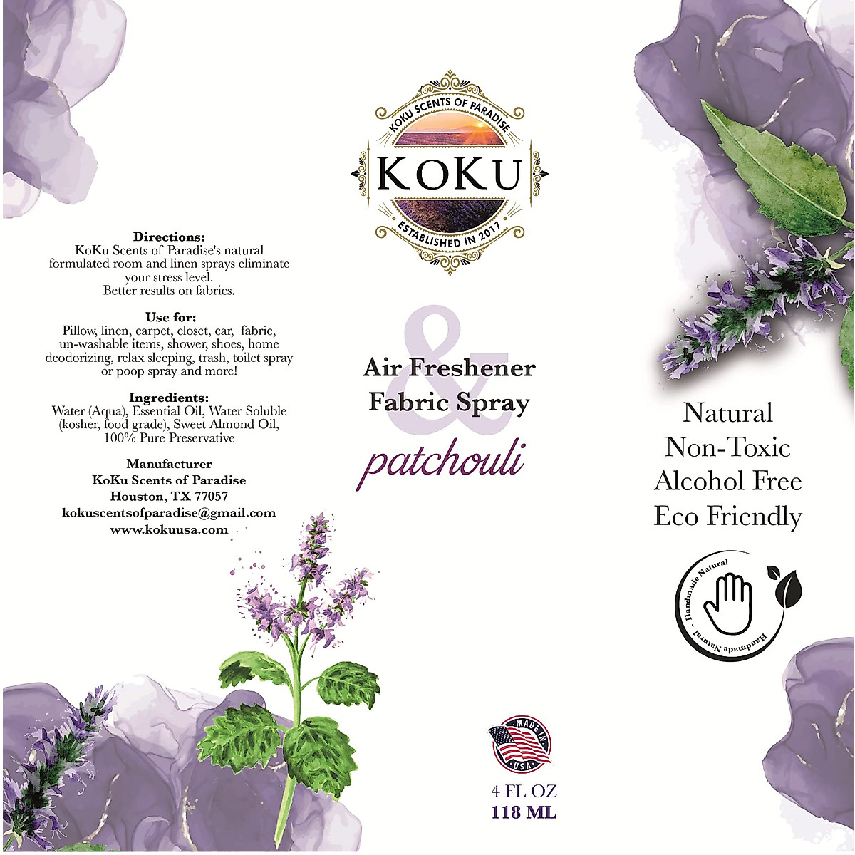 Patchouli Air Freshener - Room Spray - Odor Eliminator - Deodorizer - Car Air Freshener - Home Spray - Linen Spray - Fabric Refresher - Non-Toxic - Alcohol Free - Made in USA (4 Oz)