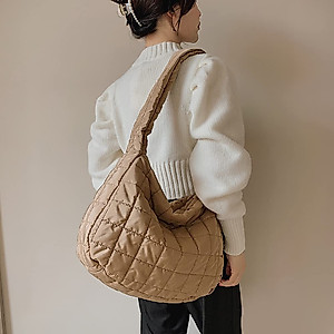 AZURAOKEY Puffer Tote Bag for Women, Quilted Cotton Padd signer, Autumn nter ta Nylon Lattice Shoulr Bag Pure Color Lar Crossbody Bags-Khaki