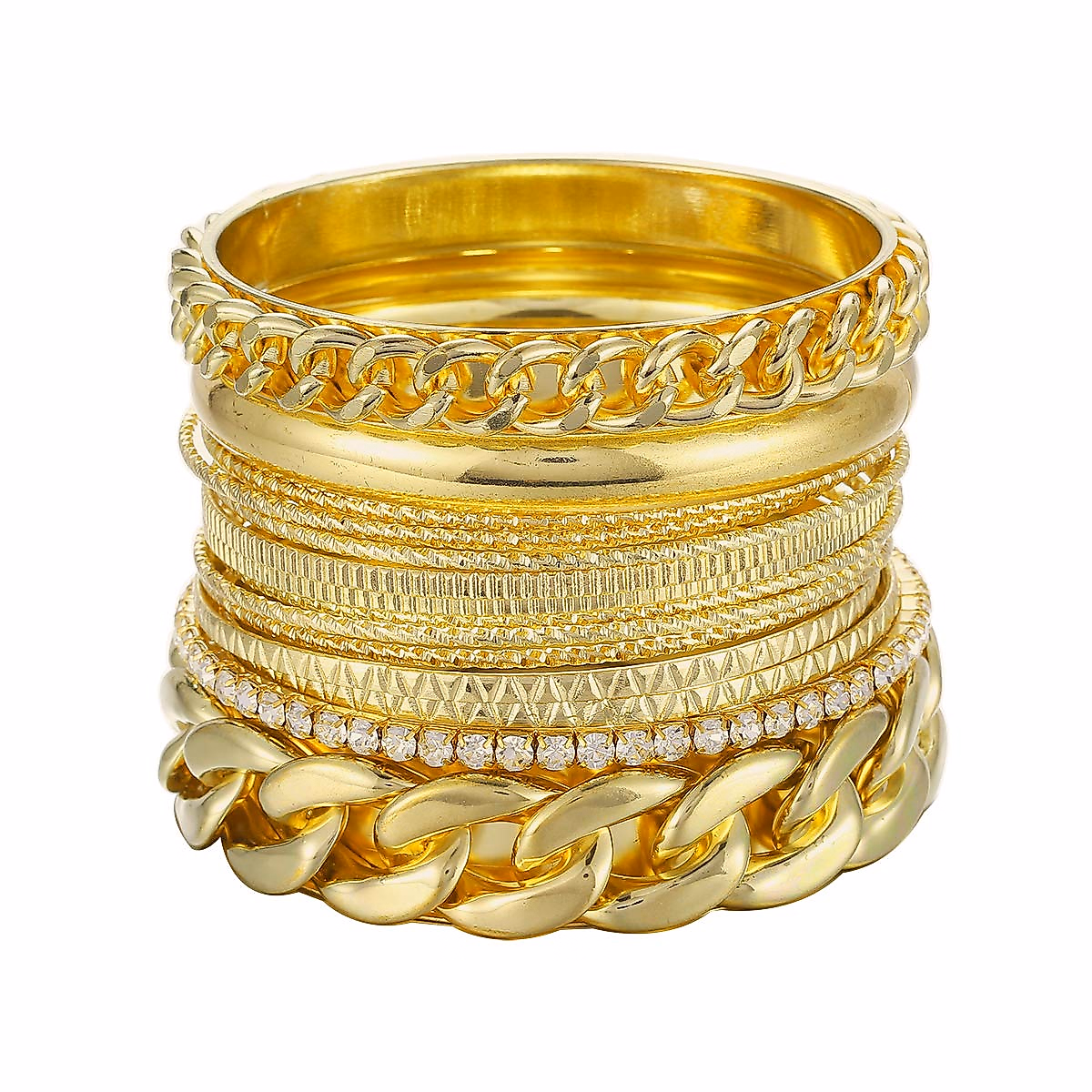 Ensoul Fashion Gold Color Multiple Textured Metal Bracelets & Bangles Set 14Pcs/Set W/Rhinestones