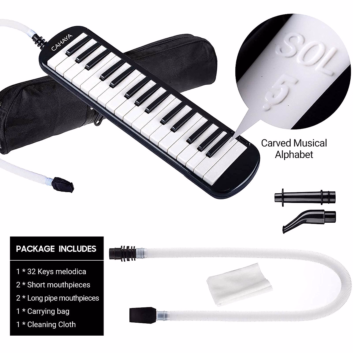 CAHAYA Melodica 32 Keys Double Tubes Mouthpiece Air Piano Keyboard Musical Instrument with Carrying Bag 32 Keys, Black, CY0050-1