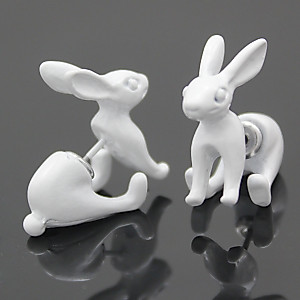 RechicGu White 1Pair 3D March Hare Rabbit Fairytale Wonderland Earrings Fake Ear Taper Plug Studs