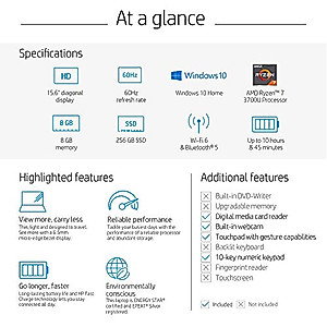 HP 15-inch HD Laptop, AMD Ryzen 7 3700U Processor, 8 GB RAM, 256 GB SSD, Windows 10 Home (15-ef0022nr, Natural Silver) (Renewed)