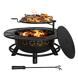 Hykolity 35 Inch Fire Pit with Cooking Grate & Charcoal Pan, Outdoor Wood Burning BBQ Grill Firepit Bowl with Cover Lid, Steel Round Table for Backyard Bonfire Patio Picnic