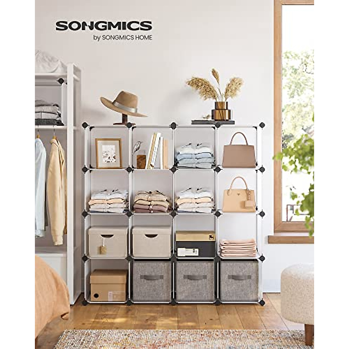 SONGMICS Cube Storage Organizer, Set of 16 Plastic Cubes, Book Shelf, Closet Organizers and Storage, Room Organization, Shelving for Bedroom Living Room, 12.2 x 48.4 x 48.4 Inches, White ULPC44L