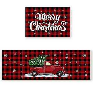 2 Piece Red Truck Kitchen Rug Set Merry Christmas Indoor Floor Mats for Winter, Xmas Door Mat Runner Rug Carpet Mat for Kitchen Home Decor (15.7" x 23.6"+15.7" x 47.2") - Red Black Buffalo Check Plaid