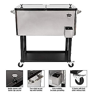MTFY 80 Quart Patio Cooler Rolling Cooler Ice Chest with Shelf, Stainless Steel Ice Chest Portable Patio Party Bar Drink Cooling Cart Beverage Cooler Cart with Wheels and Bottle Opener