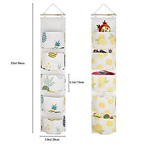 LASZOLA 2Pcs Over The Door Hanging Storage Bag, Waterproof Wall Closet Organizer Linen Fabric Stylish Mount Organizer with 5 Pockets for Bedroom Bathroom Kitchen (Pineapple+Lemon)