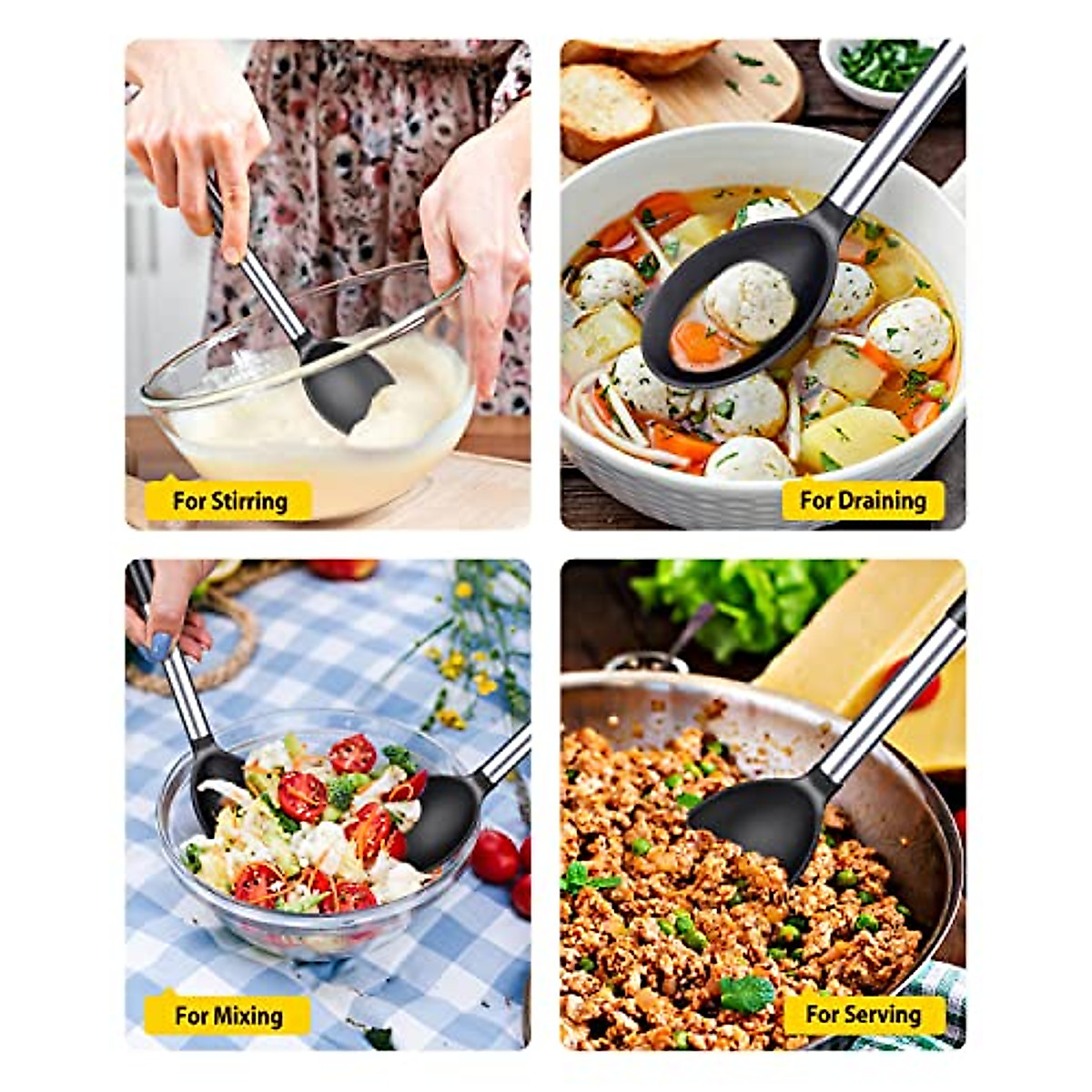 Pack of 2 Large Silicone Cooking Spoons,Non Stick Solid Basting Spoon,Heat-Resistant Kitchen Utensils for Mixing,Serving,Draining,Stirring (BLACK)