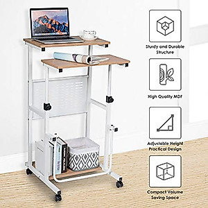 Tangkula Rolling Standing Desk Stand Up Desk, Height Adjustable Home Office Desk with Standing & Seating 2 Modes, Flexible Wheels & Footrest, Mobile Laptop Cart Sit Stand Desk