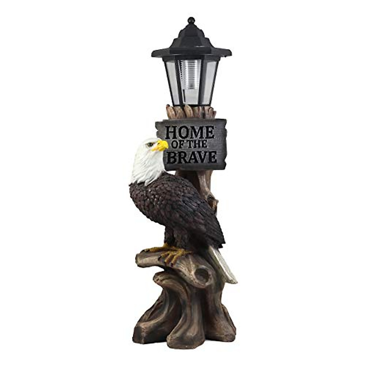 Ebros Home of The Brave Patriotic American Bald Eagle Perching On Tree Stump Garden Courtesy Night Light Statue Solar LED Lantern Lamp Guest Greeter Decor for Patio Poolside Home Figurine