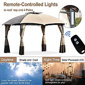 HAUSHECK 10x12 FT Outdoor Gazebo, Patio Gazebo with Zippered Curtains, Solar LED Lights and Remote Control, Metal Gazebos for Backyard, Deck and Lawns