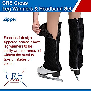 CRS Cross Leg Warmers and Headband Set for Figure Skating. Zipper Easy On/Off. Warm Knit Fleece Lined - Black Long