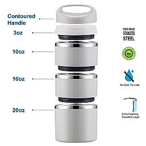 Lille Home Stackable Stainless Steel Thermal Compartment Lunch/Snack Box, 3-Tier Insulated Bento/Food Container with Upgraded Lunch Bag, Portable Cutlery Set and 3 Extra Silicone Seals, 43 OZ, Gray