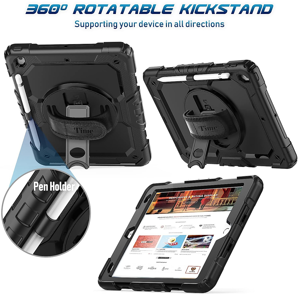 Timecity Case for iPad 9th/ 8th/ 7th Generation 10.2 inch - Heavy Duty Protective Cover with Screen Protector, Rotating Stand, Shoulder Strap & Pencil Holder | Kids-Friendly (Black)