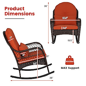 MEDIMALL Outdoor Wicker Rocking Chair, Patio Rattan Rocker w/Lumbar Pillow, Padded Seat & Back Cushions, Metal Frame, Mix Brown Wicker Furniture for Balcony, Porch, Deck, Backyard (Red)