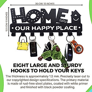 Decorative Key Holder for Wall | Maple & Six - Wall Mounted Key Holder with 8 Hooks |Keyring Organizer| Black | 12 x 4.5 x 1 Inches (Home- Our Happy Place)