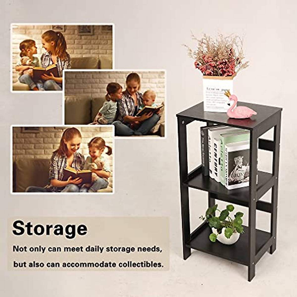 Bookshelf Organizer 3 Tier, Black Bookcase 2 Shelf, End Table Side Table with Storage Rack Nightstand for Livingroom Home Office Kitchen