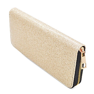 Premium Glitter Bling Smooth Vegan Leather Continental Zip Around Wallet, Gold