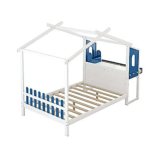 Heliosphere Full Size Platform Bed Frame with Built-in Desk and 2 Drawers, Storage Bed Frame with Separate Storage Pen Case, House Shaped Platform Bed, Solid Wood Bed Frame for Kids Teens Bedroom