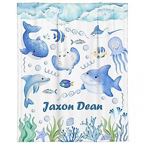 Custom Baby Marine Life Blanket Soft Lightweight Personalized Name Blankets Warm Cozy Plush Throw Blanket for Couch Bed Sofa Personalized Gifts S 40×50in for Kids/Child