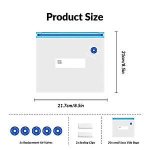 Sous Vide Bags 27Pcs, BPA Free Reusable, Double-Layered Food Storage (8.5 x 8.5 in) for Cooking, Food Storage, and Microwave Heating. Includes 20 Vacuum Zipper Bags, 2 Seal Clips, and 5 Air Valves.
