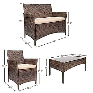 Devoko 4 Pieces Patio Porch Furniture Sets PE Rattan Wicker Chairs Beige Cushion with Table Outdoor Garden Patio Furniture Sets (Brown)