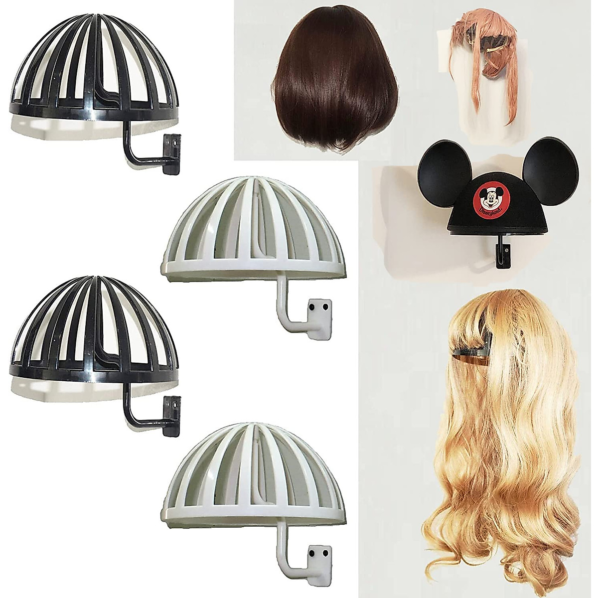 Pmsanzay 4 Pack Wall Mount Hanging Wig Stand, Wig Drying Holders, Plastic Wigs and Hats/Cap Rack Styling Drying Display Hangers, hold the shape of the wig and are EASY TO MOUNT. (2 Black+2 White)