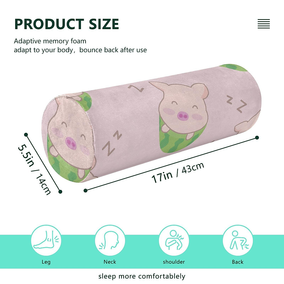 Sleeping Pig Neck Roll Pillow for Neck Relief with Removable Washable Cover - Memory Foam Round Cylinder Bolster, Ergonomically Designed for Head, Neck, Back, and Legs