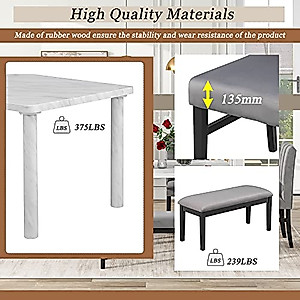 Goohome 6-Piece Kitchen Dining Set, Mid-Century Marble Veneer Table, 4 Flannelette Upholstered Chairs and Bench Family Furniture, for Home, Apartment, White+Gray