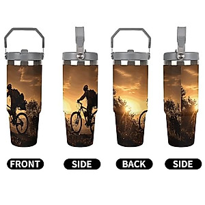 30oz Stainless Steel Insulated Tumbler with Flip Lid & Straw, Leakproof Travel Mug for Car, Mountain Bike in The Evening Double Wall Vacuum Thermal Coffee Cup with Handle, Spill-Proof Design for Hot/C