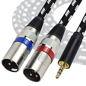 Mugteeve 3.5 mm to Dual XLR Male Y Splitter Cable, 6.6 Feet Stereo 1/8 Mini TRS Headphone Jack to L/R Double XLR Male Aux Cord, Noise Free, Nylon Braided, for Studio Monitor Speaker and Phones