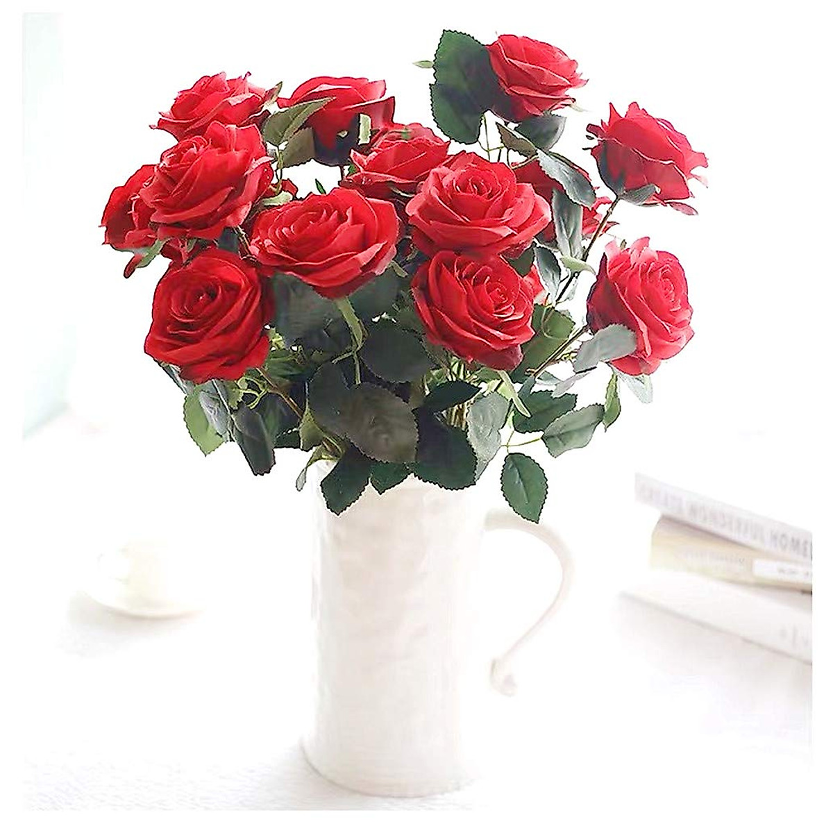 Jasion Artificial Roses 10 Heads Faux Flower Arrangement Silk Bouquet for Home Office Parties and Wedding Decoration (Red)