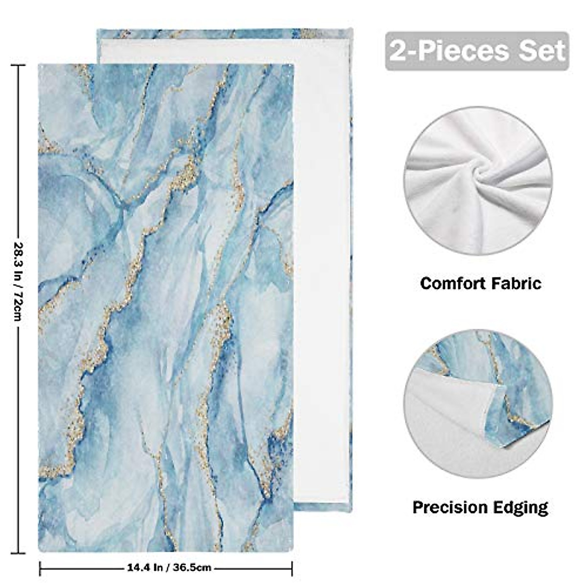 Qilmy White Blue Marble Hand Towel Set of 2, Super Soft Absorbent Fade Resistant Polyester Cotton Bath Towels Fingertip Towels for Bathroom Hotel Spa Gym and Beach 28.3x14.4 Inches