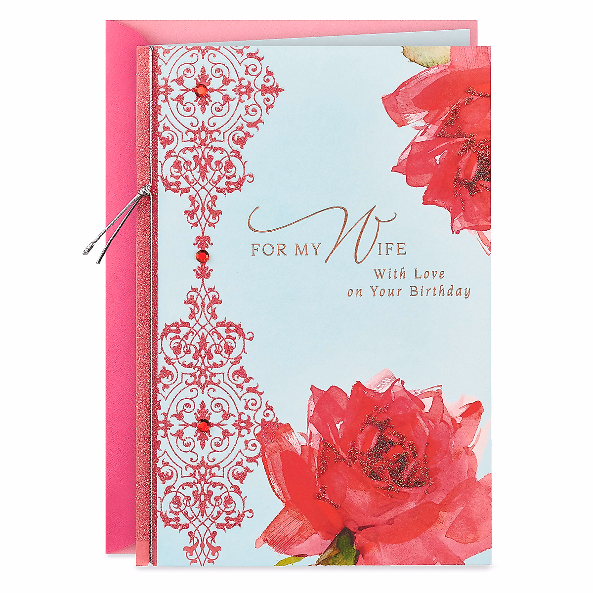 Hallmark Birthday Card for Wife (Roses with Pattern), Red, Blue