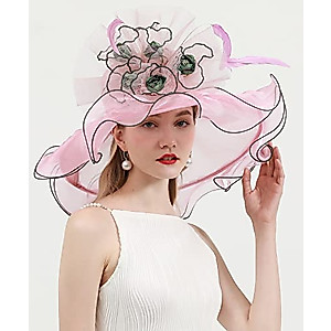 TLMNU Women Derby Church Hat Organza Flower Wedding Tea Party Fascinator Hat Wide Brim Sun Hat A2-Pink with Flower
