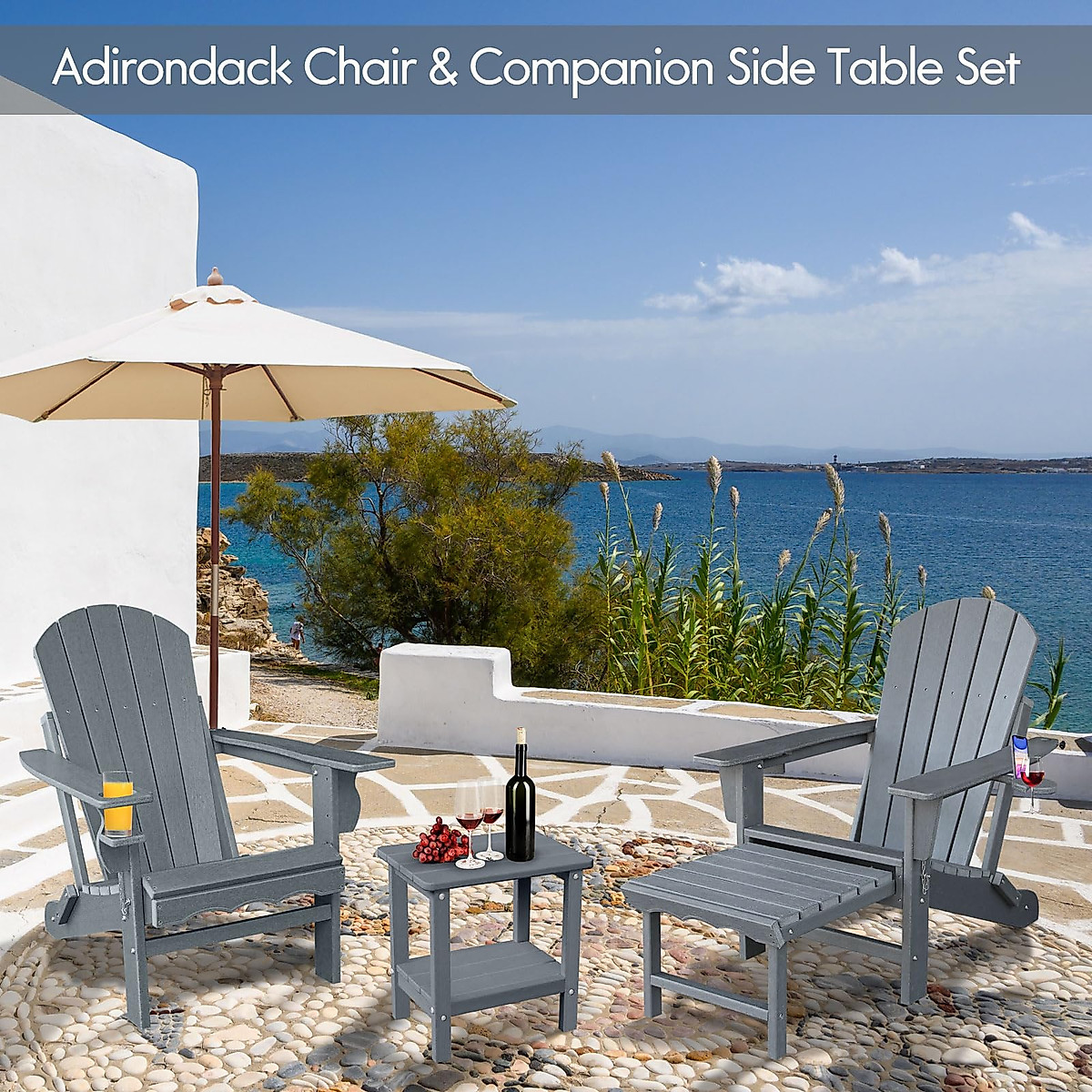 CLOUDEEP Folding Adirondack Chairs, Oversized Adirondack Chairs with Side Table and Cup Holder, Modern Composite Plastic Outdoor Furniture Chairs for Patio, Fire Pit, Porch, Backyard, Deck