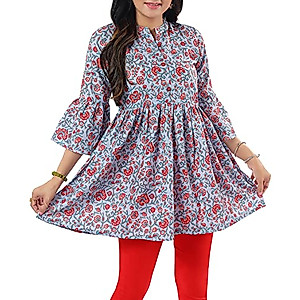 IshDeena Indian Kurti Tops for Women Indian Style Short Kurtis Kurta Boho Tunics Peasant Shirts Blouses Rayon & Cotton Silk (2X-Large/Blue Gray)