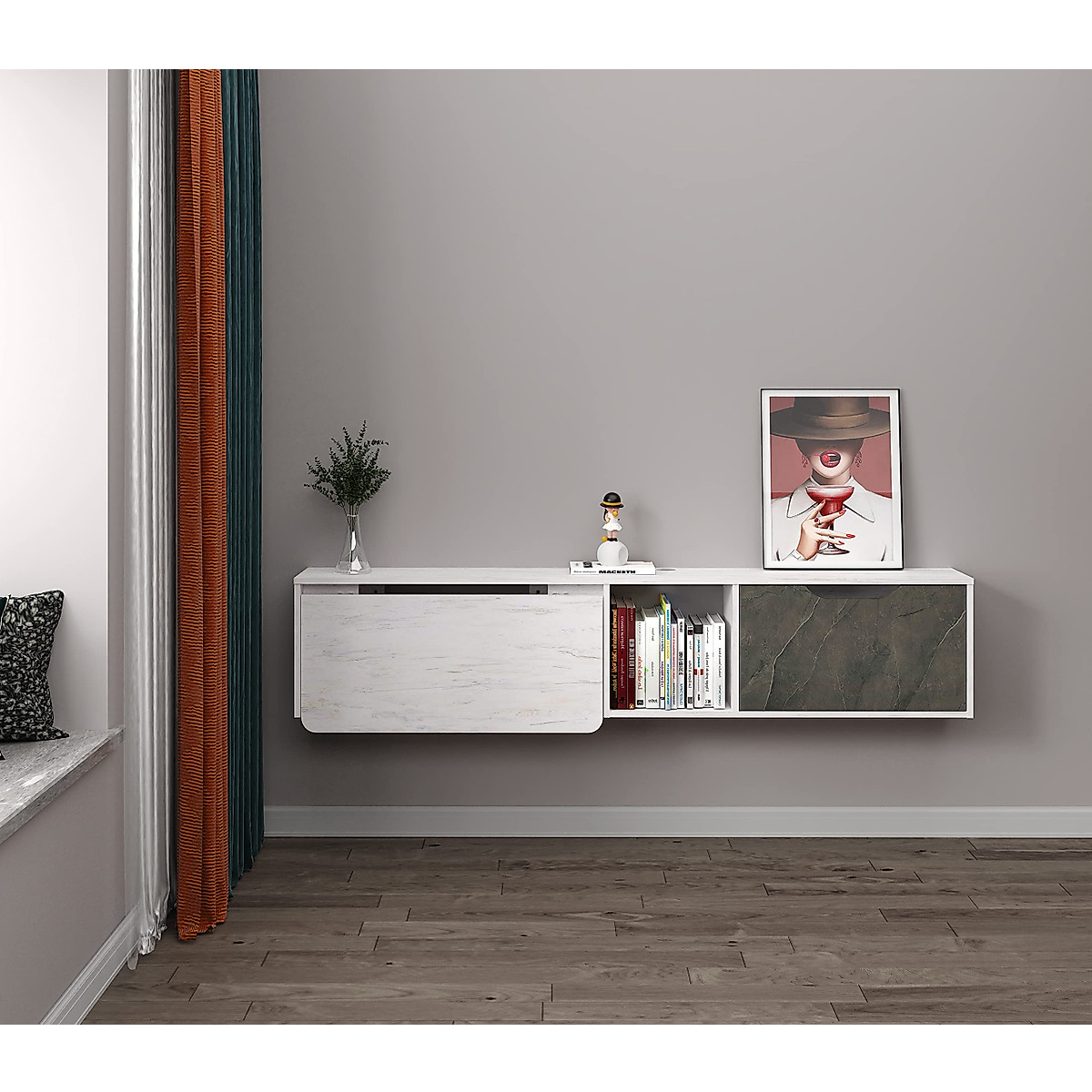 Pmnianhua Floating Wall Desk with Storage Shelves, 70'' Large Wall Mounted Desk Laptop Computer Writing Study Table for Bedroom Small Space (Grayish White-Left)